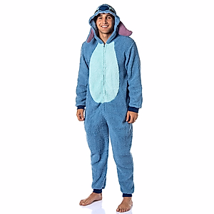 Disney Lilo And Stitch Adult Unisex Stitch Costume Sherpa Fleece One Piece Pajama Union Suit (Large) Blue