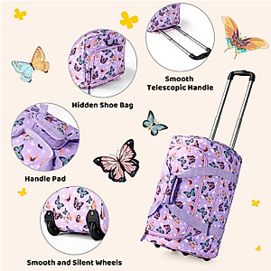 Choco Mocha Girls Butterfly Suitcase with Wheels Kids Purple Rolling Duffle Bag for Camping Teen Girls Toddler Luggage Bag for Travel, 22inch