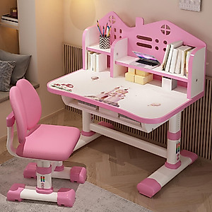 Kids Desk and Chair Set, Height Adjustable Children Study Desk, Golden Distance Preventing Myopia Design, Children Study Desk with Spacious Storage Drawer for Boys Girls School Home Study Tool (Pink)