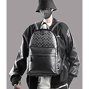 Leather Laptop Backpack for Men Women, School College Bookbag Casual Travel Daypack (Black)