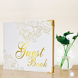 JEWPHX Guest Book with Pen– 9"x7" Hardcover 120 Page/60 Sheets-Gold Foil Gilded Edgesfor Guests to Sign at a Wedding, Party, Baby or Bridal Shower(White)