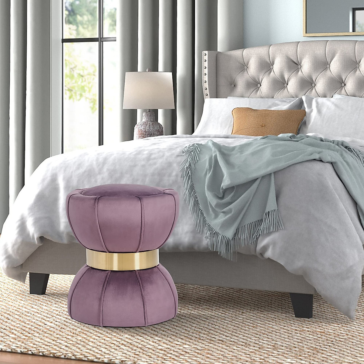 Joveco Round Velvet Ottoman, Upholstered Vanity Stool Footrest Footstool Side Table Seat with Metal Band for Makeup Room Living Room Bedroom (Purple)