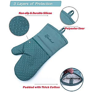 Pot Holders and Oven Mitts Sets 4Pcs, YUTAT High Heat Resistant Oven Gloves and Potholders, Non-Slip Grip Hot Pads with Food Grade Silicone Texture, Perfect for Kitchen Cooking Baking BBQ, Teal