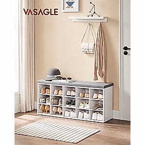 VASAGLE Shoe Bench, Storage Bench, Shoe Rack Bench, Shoe Shelf, Storage Cabinet, 15 Compartments, with Cushion, for Entryway, 11.8 x 41.3 x 18.9 Inches, White and Gray ULHS15WT