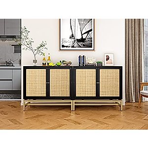 Goujxcy 2Pcs Rattan Sideboard Buffet Cabinet, Kitchen Storage Cabinet with Rattan Decorated Doors, Liquor Cabinet, Dining Room, Hallway, Cupboard Console Table, Accent Cabinet (Black1-2Pcs)