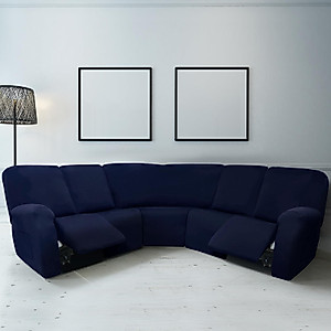Peryiter 7 Pcs L Shape Sectional Recliner Sofa Covers 5 Seat Sectional Couch Covers Milk Silk Velvet Stretch Reclining Sofa Slipcover Furniture Protector for Living Room(Navy Blue,Milk Silk)