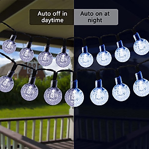 Flacchi Cool White 39 Ft 60 LED Solar String Lights Waterproof, 8 Modes Crystal Ball Lights Solar Fairy Patio Lights for Garden, Lawn, Porch, Yard, Gazebo, Bistro Xmas Decor