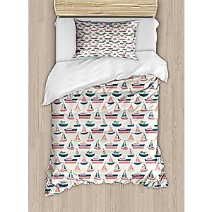 Ambesonne Sailing Duvet Cover Sets, Pattern of Little Ship Boat Yacht Submarine Marine Love for Cartoon, Bedding Set with 2 Duvet Covers & 4 Pillowcases, 2 Pack King Size, Multicolor