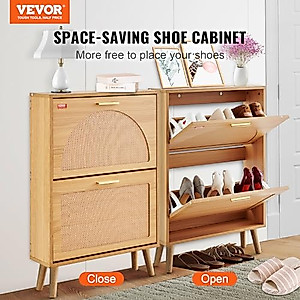 VEVOR Shoe Cabinet with 2 Flip Drawers, Shoe Storage Cabinet for Entryway, Free Standing Shoe Storage Organizer with Rattan Doors for Heels, Boots, Slippers in Hallway, Living Room