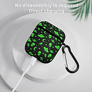Airpod Case Soft Silicone Flexible Skin Alien Funny Spaceships Planet Green Black Case Cover for Apple AirPods 2&1 Fashion for Girls Boys with Keychain