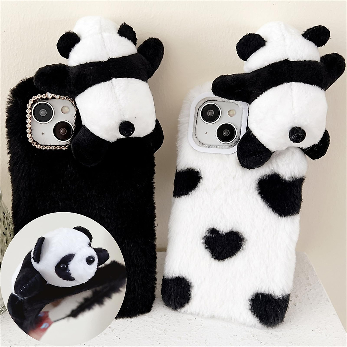 for Motorola Moto G Stylus(5G) (2023) Furry Phone Case, Cute Lazy Panda Soft Lovely Cartoon Animal Doll Fluffy Hairy Fur Plush Phone Case Heart Shaped Love Pattern