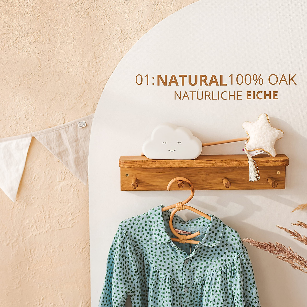 MINICAMP Coat Rack Shelf Wall Mounted - Solid Oak Coat Hooks for Door with 4 Pegs and Shelf - Wooden Peg Rail Kids Storage - Floating Handmade Baby Nursery Products - Scandi Decor