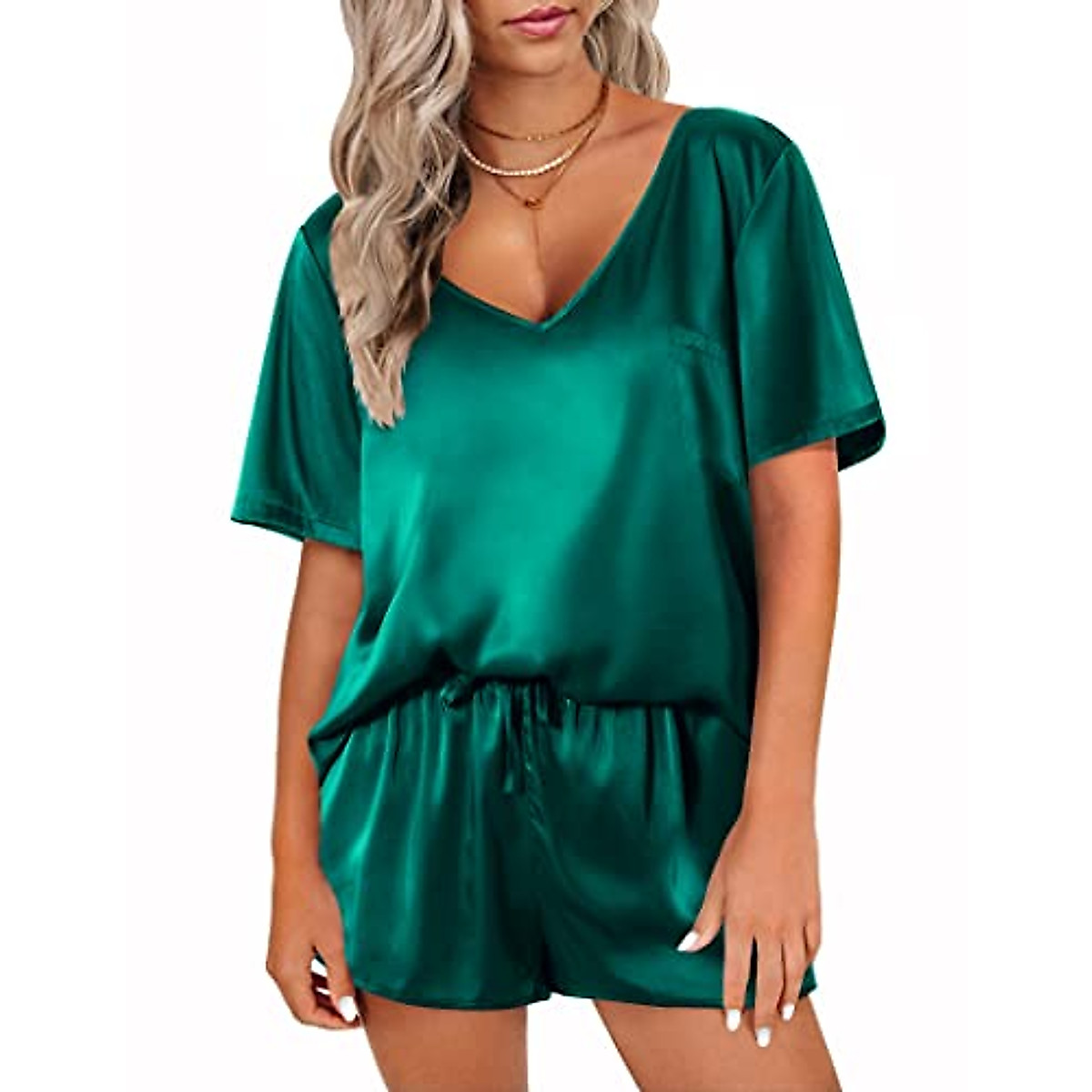 Ekouaer Satin Pajamas for Women Set Short Sleeve Pjs Top with Shorts Lightweight Two Piece Sleepwear Gift Set (Dark Green,S)