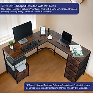 TOPSKY L-Shaped Desk Corner Computer Desk with 18.9" Depth Workstation, Cloth File Cabinet for Letter Size File Folder and 4 Cloth Storage Cabinets (Rustic Brown, 59 * 59 inch)