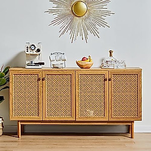 AMERLIFE 63" Sideboard Buffets Cabinet, 2-Adjustable Shelves Sideboard with 4 Doors, Large Accent Storage Credenzas for Living Room, Dining Room, Bedroom, Natural