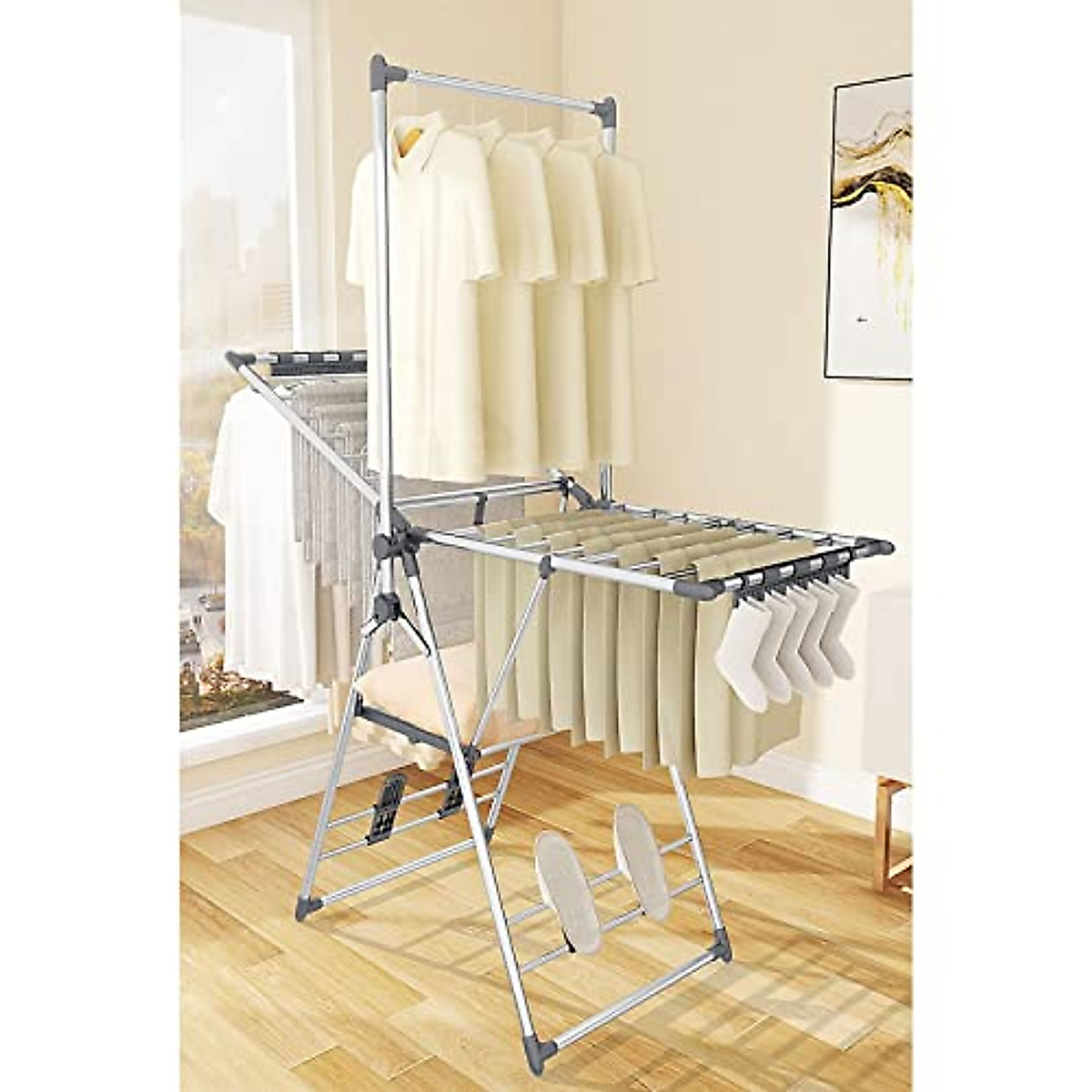 YIFEI2013-SHOP Folding Drying Rack Floor Drying Rack Folding Stainless Steel Indoor Home Balcony Outdoor Drying Quilt Lift Telescopic Rod Can Dry Shoes Design Collapsible Drying Rack