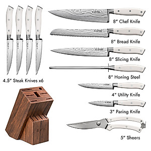 Yatoshi 12 Piece White Knife Block Set - Pro Kitchen Knife Set Ultra Sharp High Carbon Stainless Steel with Ergonomic Handle