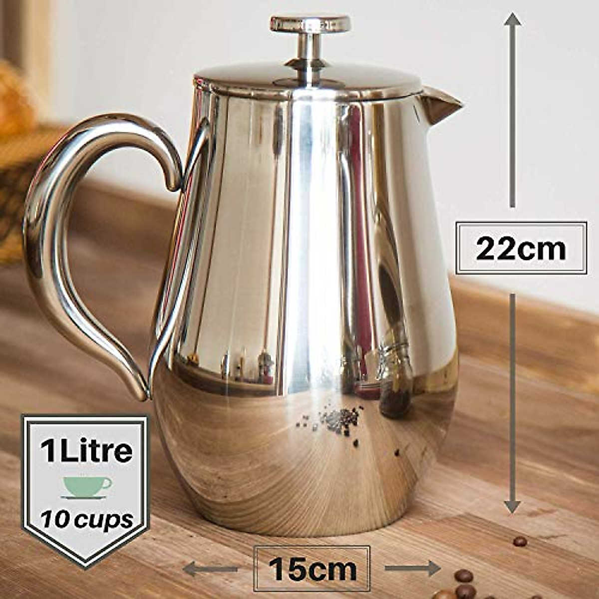 Cafetiere French Press Coffee Maker by VeoHome -Stainless steel Unbreakable and keeps coffee hotter for a long time thanks to its double wall (1 Liter)