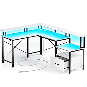 Rolanstar Computer Desk with Power Outlet & LED Strip and File Drawer, 68" Reversible L Shaped Computer Corner Desk with Printer Cabinet and Monitor Shelf, Modern Home Office Desk, Writing Desk,White