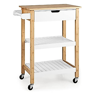 Giantex Kitchen Island Cart with Storage, Rolling Bamboo Kitchen Cart on Wheels, w/Pull-Out Drawer, Towel Handle, 2 Open Shelves, Mobile Coffee Bar Cart for Dining Room Living Room (Wood & White)