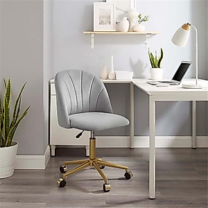 Pemberly Row Upholstered Adjustable Swivel Desk Chair Gold Legs in Light Gray