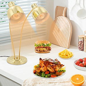 AGULIUM Food Heat Lamp, Food Warmer Lights with Dual 250W Bulbs, 2-Head Food Warming Light, Food Heating Warmer Lamp for Restaurant Kitchen Food Service Buffet Home Use, Gold