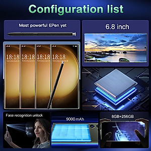 6.8 Inch Incell Super HD Screen Cell Phone, 9000mAh Battery with HiFiEarphones, 5GHz WiFi, 3G 2G Network Compatibility (White)