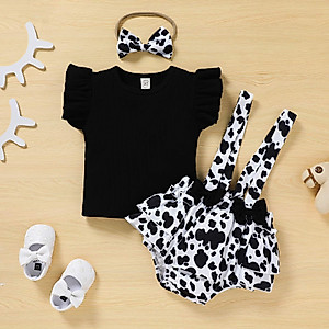 ZOELNIC Baby Girls Summer Clothes Knit Short Sleeve Top Bowknot Suspender Cows Print Ruffle Bloomer Headband Outfit Sets (Black, 6-12 Months)