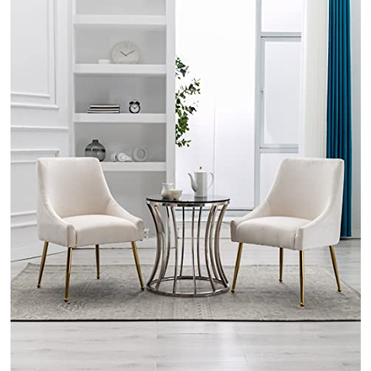 Restworld Velvet Dining Chairs, Furniture Collection Modern Contemporary Upholstered with Polished Gold Metal Legs, Set of 4(Beige)