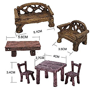 Trasfit 6 Pieces Miniature Table and Chairs Set, Fairy Garden Furniture Bench Ornaments Kit for Dollhouse Accessories, Home Micro Landscape Decoration (Style B)