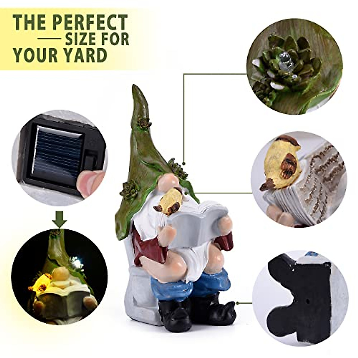 TemwJa Solar Outdoor Garden Statues, Handmade Resin Garden Gnome Statues with LED Lights, Statues Garden Gnomes on The Porch, Courtyard, Lawn, Artistic Garden Decor-Reading Statue