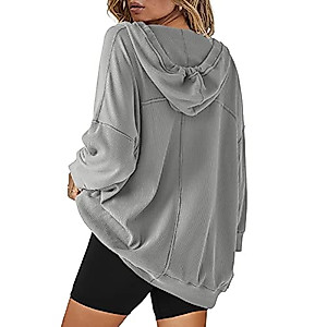 SENSERISE Womens Oversized HoodiesLong Sleeve V Neck Drawstring Hooded Sweatshirts Waffle Knit Tops with Pockets(Light Grey,L)