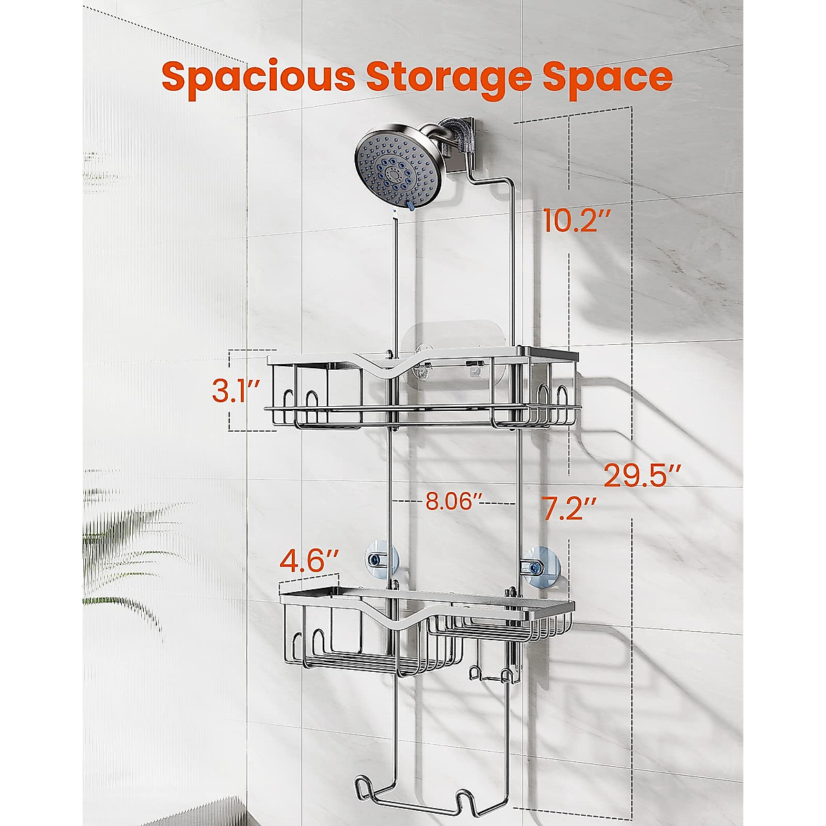 Amada Hanging Shower Caddy, Shower Caddy Over Shower Head, Rustproof Stainless Steel Shower Organizer with Soap Holder & Hooks, Shower Rack for Shampoo, Sponges, Towels, No Drilling Required, Silver