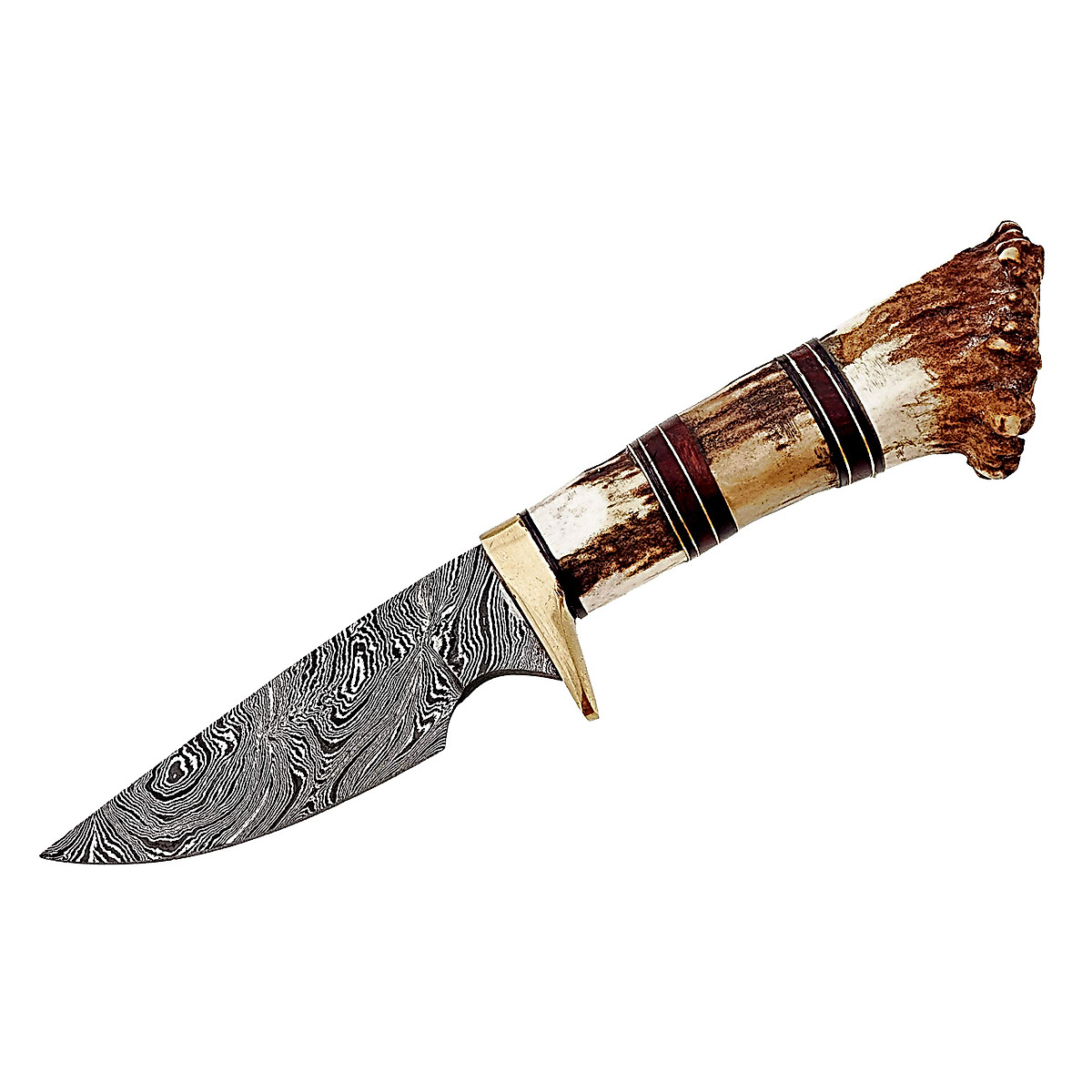 Damascus Steel Hunting Knife - Fixed Blade Knives with Sheath - Firm Grip Handle Made of Stag Horn(ST2)