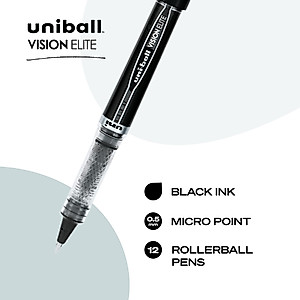 uni-ball Vision Elite Rollerball Pens Fine Point Micro Tip, 0.5mm, Black, 12 Pack