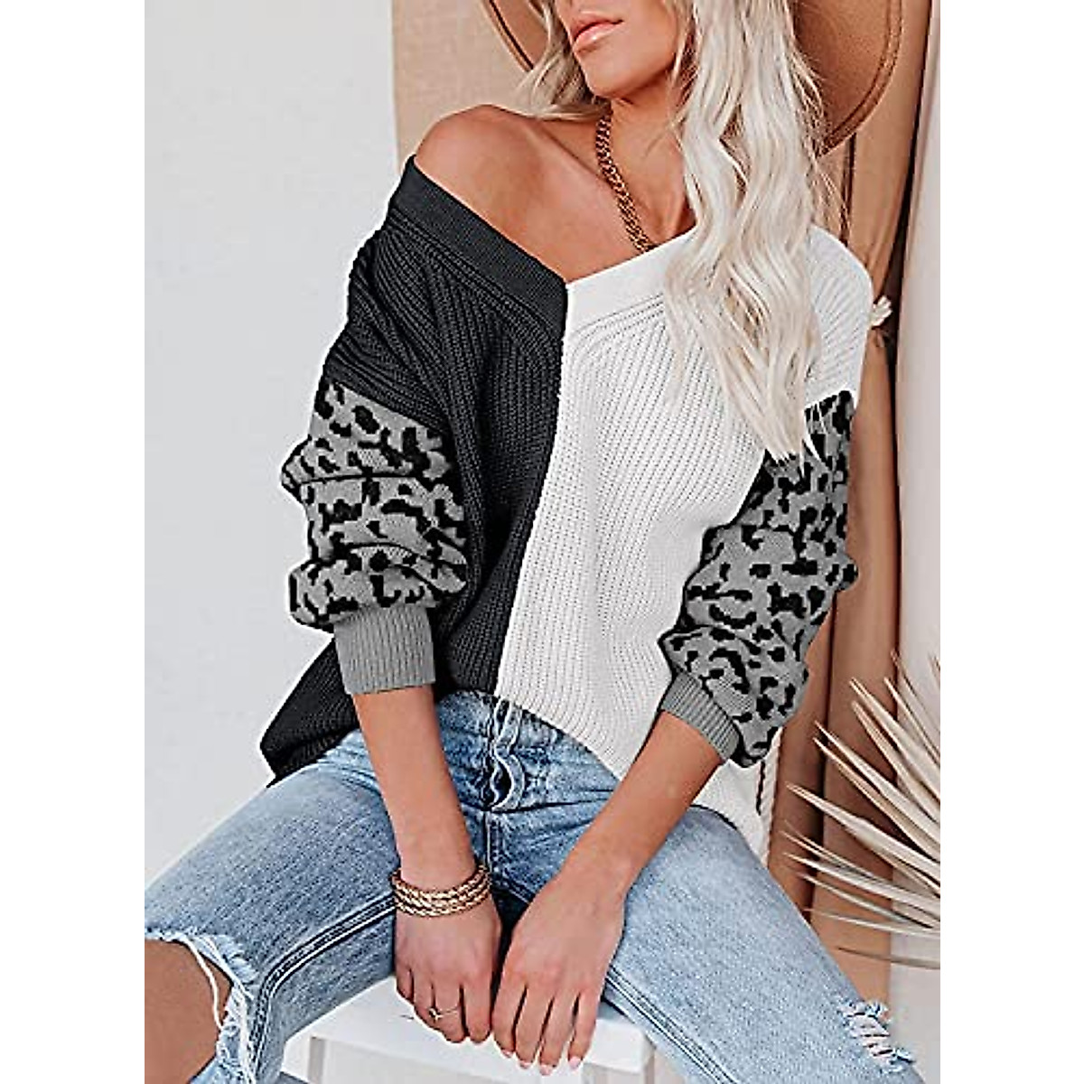 ANCAPELION Women’s V Neck Sweater Pullover Leopard Long Sleeve Basic Color Block Jumper Casual Knitted Tops Leopard Grey XX-Large