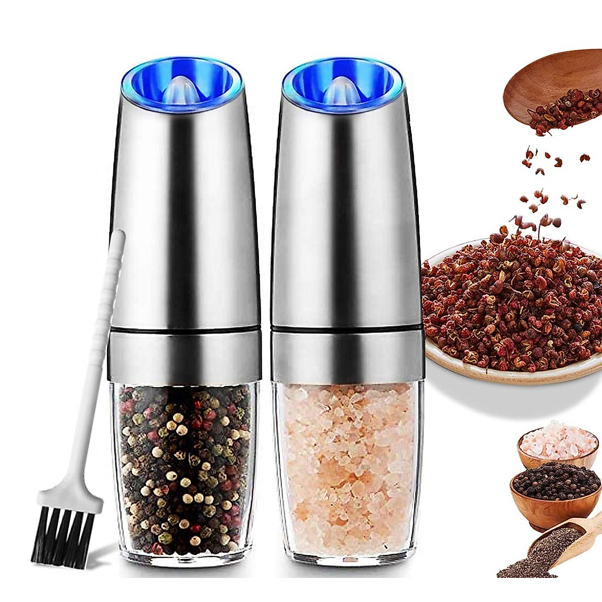 Premium Gravity Electric Salt and Pepper Grinder Set of 2, Automatic One Hand Pepper Mills with LED Light, Automatic Pepper and Salt Mill Grinder Battery-Operated with Adjustable Coarseness