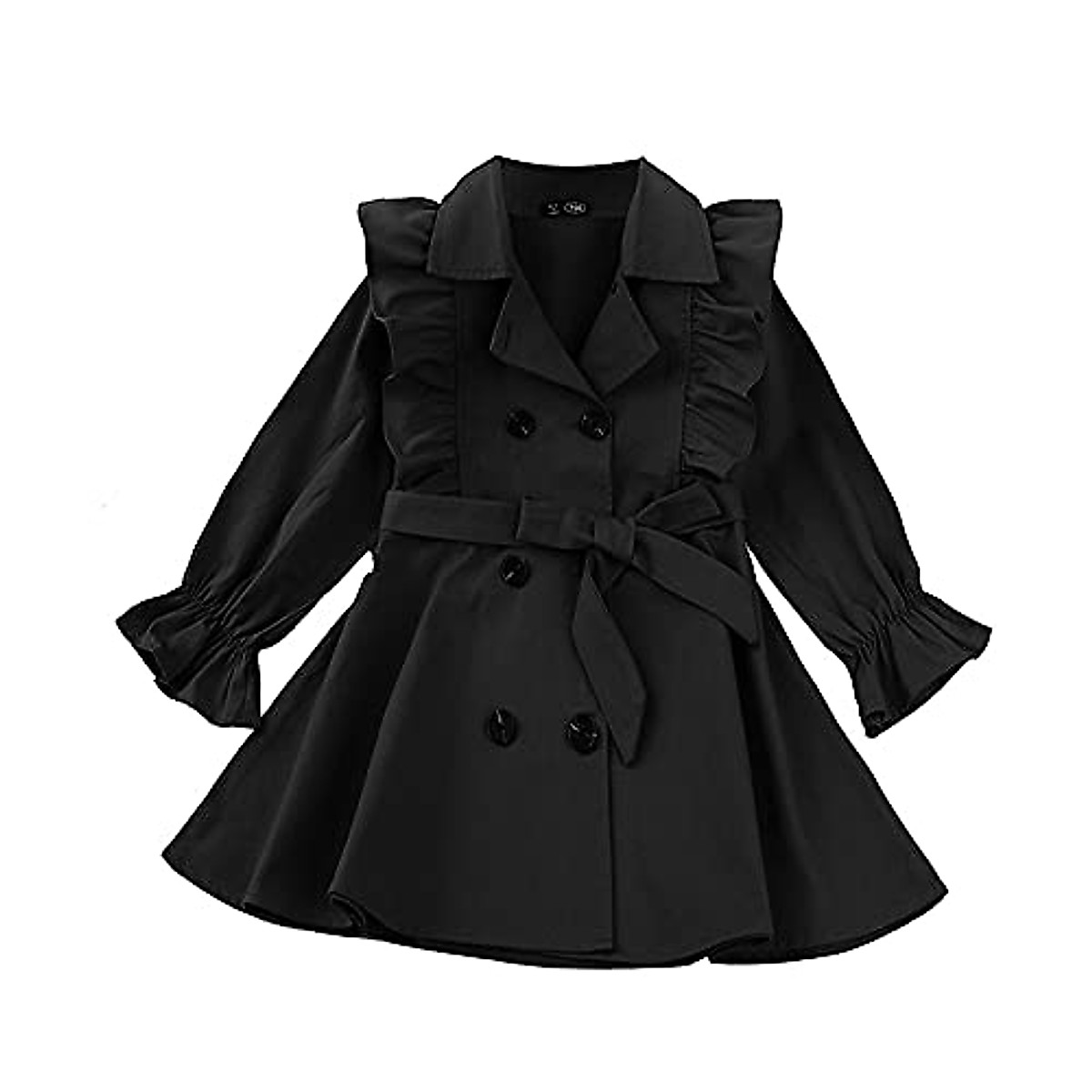 GLIGLITTR Toddler Baby Girl Fall Double Breasted Ruffle Trim Belted Trench Coat Winter Long Sleeve Casual Windbreaker Outerwear (Black, 18-24Months)