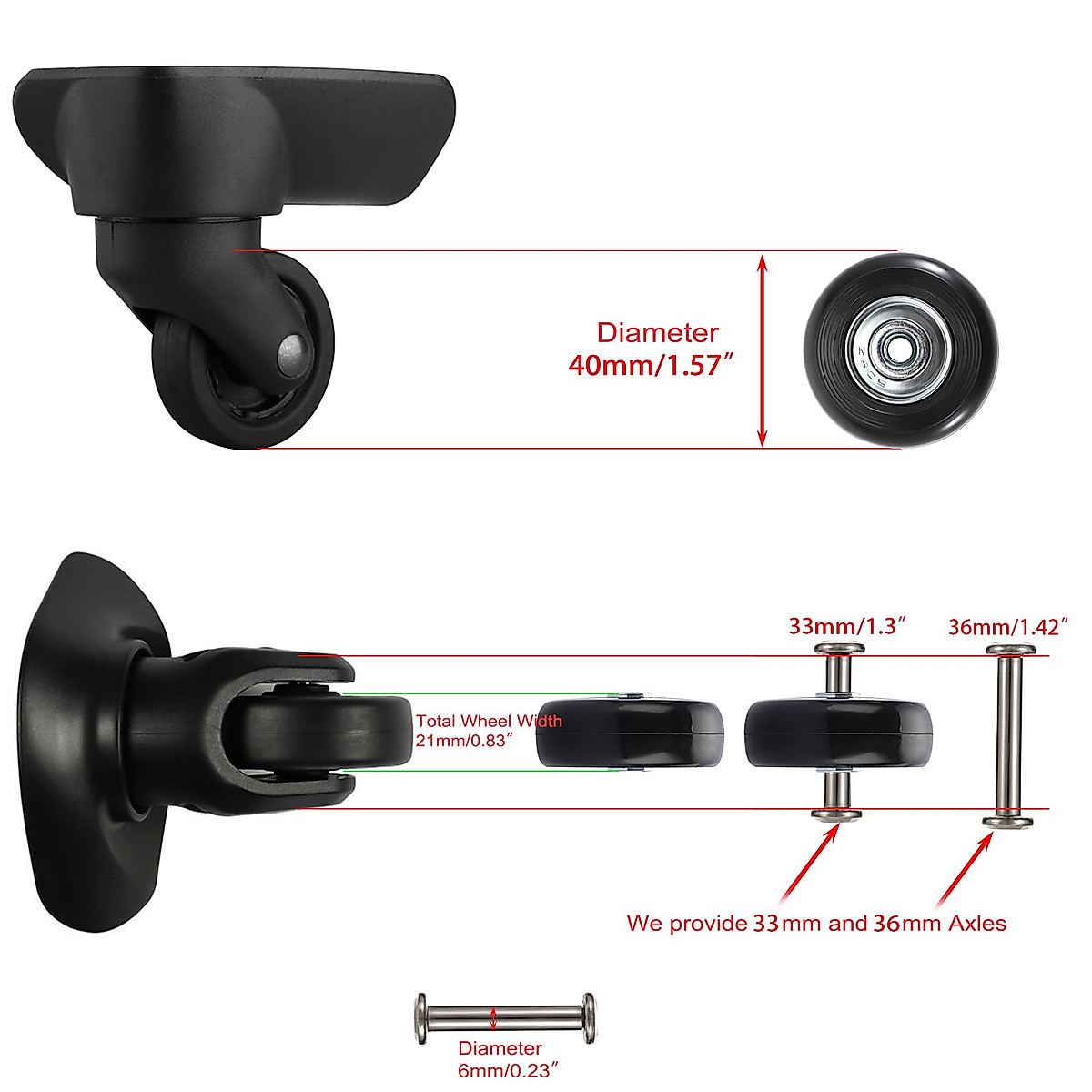 OwnMy 40mm x 18mm Luggage Suitcase Replacement Wheels, Rubber Swivel Caster Wheels Bearings Repair Kits, A Set of 4