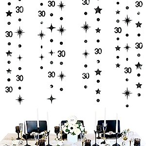 Black 30th Birthday Decorations Number 30 Circle Dot Twinkle Star Garland Metallic Hanging Streamer Bunting Banner Backdrop for Mens Womens Happy Dirty 30 Year Old Thirty Anniversary Party Supplies
