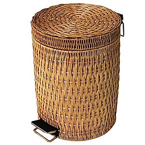 Wicker Trash Can with lid Bathroom, Rattan Step Trash Can for Kitchen Home, Silent Closure Garbage Can Removable Liner Bucket Wastebasket-2.1usgal(8L)