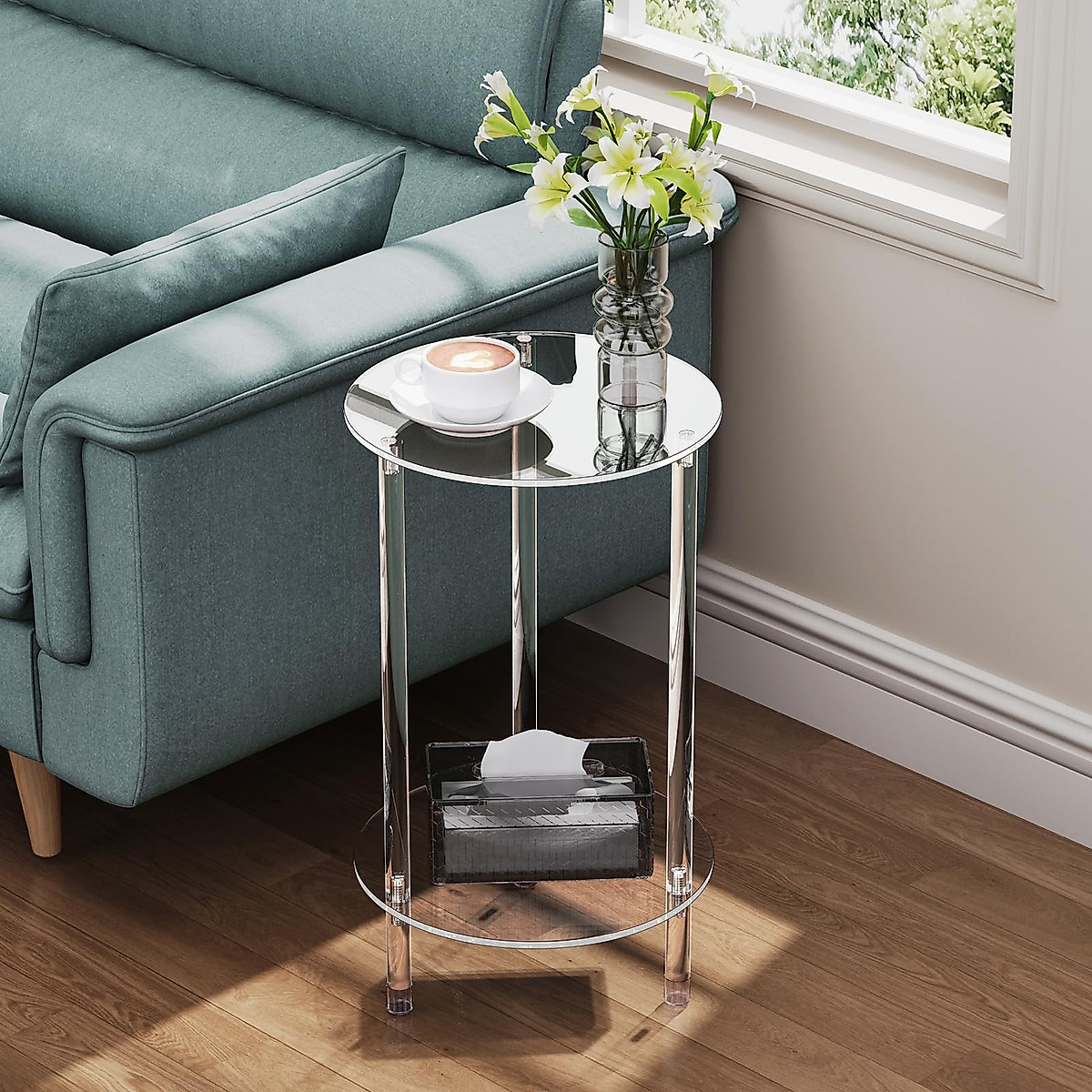 Bkemiy Clear Round Acrylic Side Table for Small Spaces, 11.81" L x 11.81" W x 19.82" H, 2 Tier Small Modern Drink End Table Nightstand, Minimalist Bedside Table for Living Room, Bedroom, Bathroom
