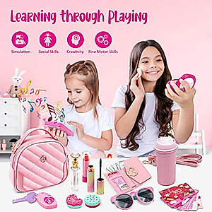 Kids Pretend Play Little Girl Purse Accessories, Princess Toy Cell Phone Fake Makeup Handbag Wallet Sunglasses Keys Credit Card Water Bottle Birthday Gifts Toys for 3 4 5 6 7 8 9 10+ Year Old Girls