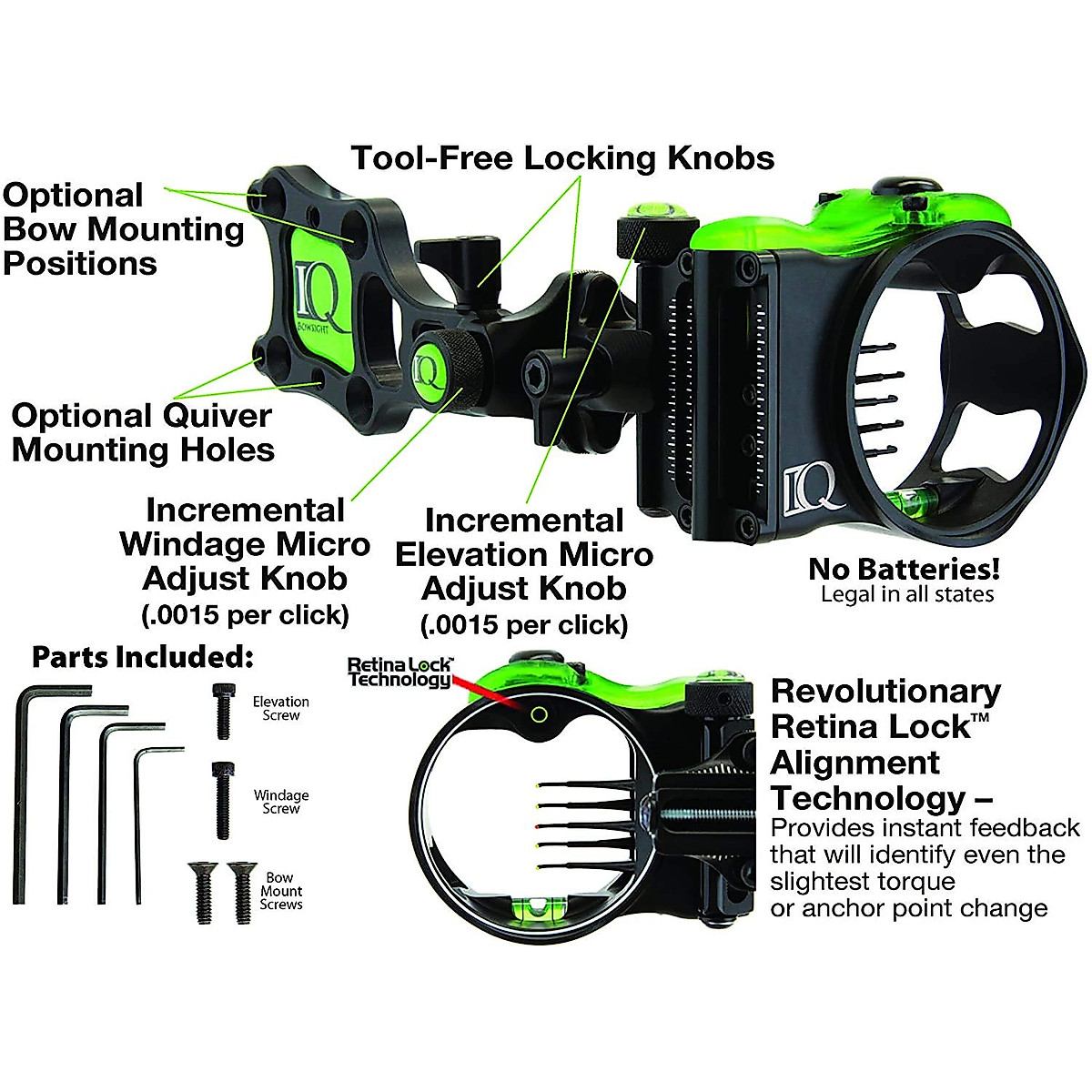 IQ Micro 5-Pin Right Hand Archery Bow Sight, Retina Lock Technology, All Aluminum, Multiple Bow and Quiver Mounting Points, Built-in Sight Level & Light Adapter.019 Pins