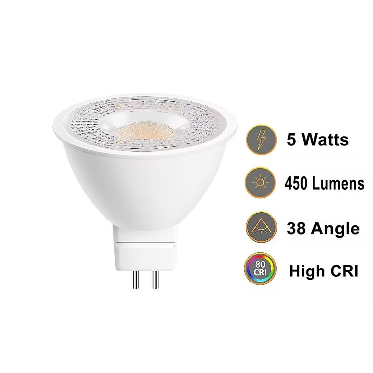 VVH 6 Pack MR16 LED Bulb 50W Halogen Equivalent, 5W 2700K Warm White, 450 Lumens,GU5.3 Bi-Pin Base, 38 Degree Spot Lighting for Indoor/Outdoor Landscape Track Bulbs-Not Dimmable AC/DC 12V