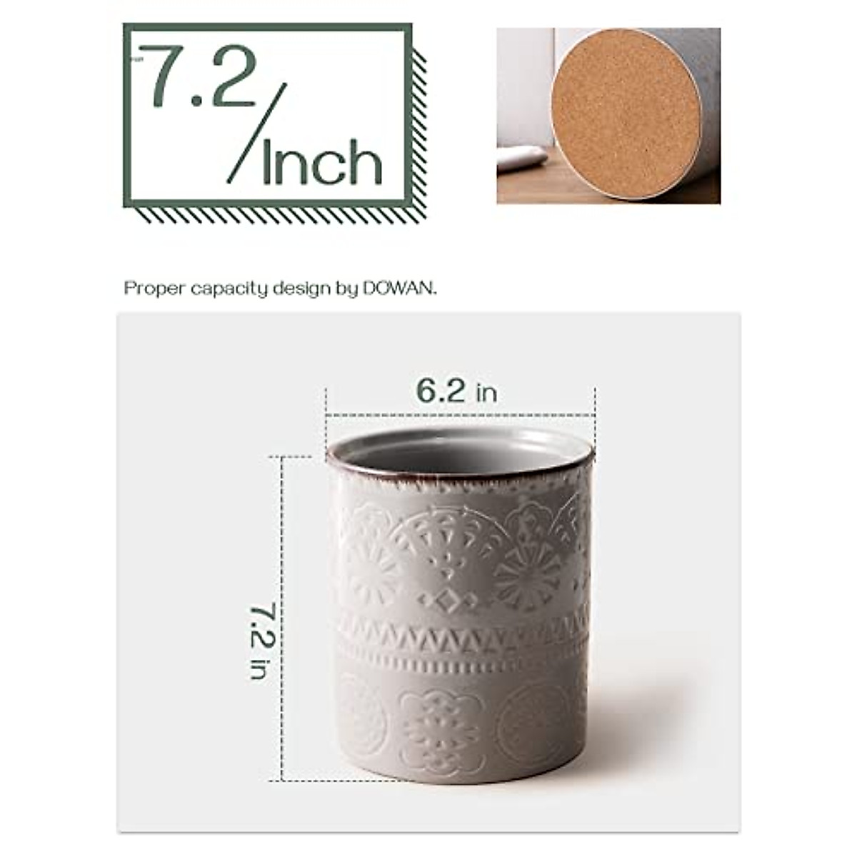 DOWAN Utensil Holder, 7.2" Extra Large Kitchen Utensil Crock for Countertop, Farmhouse Ceramic Utensil Organizer, Anti Slip & Scratch Cork Bottom, Grey Utensil Storage for Home Décor Gifts