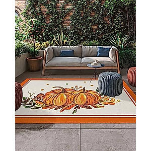 Outdoor Area Rug for Patio,Thanksgiving Pumpkin Eucalyptus Leaves Berry Camping Rugs Indoor Large Floor Mat 4x6ft,Fall Vintage Linen Orange Frame Outside Carpet for Deck RV Picnic Porch Backyard