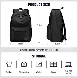 HOMIEE Lightweight Casual Laptop Backpack Fits 15.6 Inch Computer, Water-Resistant Daypack Unisex Bookbag for College Work Travel Gifts, Black