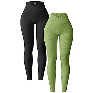 OQQ Women's 2 Piece Yoga Leggings Ribbed Seamless Workout High Waist Cross Over Athletic Exercise Leggings Black Avocado Green