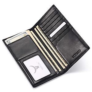 HISCOW Slim Leather Long Wallet for Men & Women, Italian Calfskin, Breast Pocket Wallet for Checkbook, Credit Cards (Black)